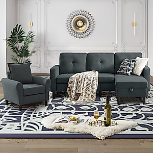 Chireca Convertible Sectional Sofa Set, Small L Shaped 3-Seat Couch with Reversible Chaise and Accent Chair, Modern Polyester Sofas Couches for Living Room, Dark Grey