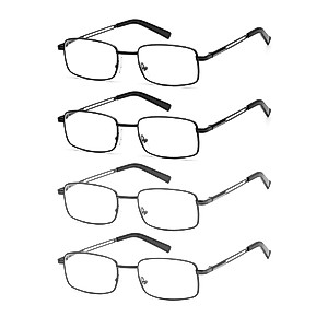 HIGHLIKE 4-Pack Reading Glasses Men, Women Metal Stainless Flex Readers with Soft Cases, Clear Lens Blue Light Glasses, 2 Black 2 Gunmetal 3.5 x