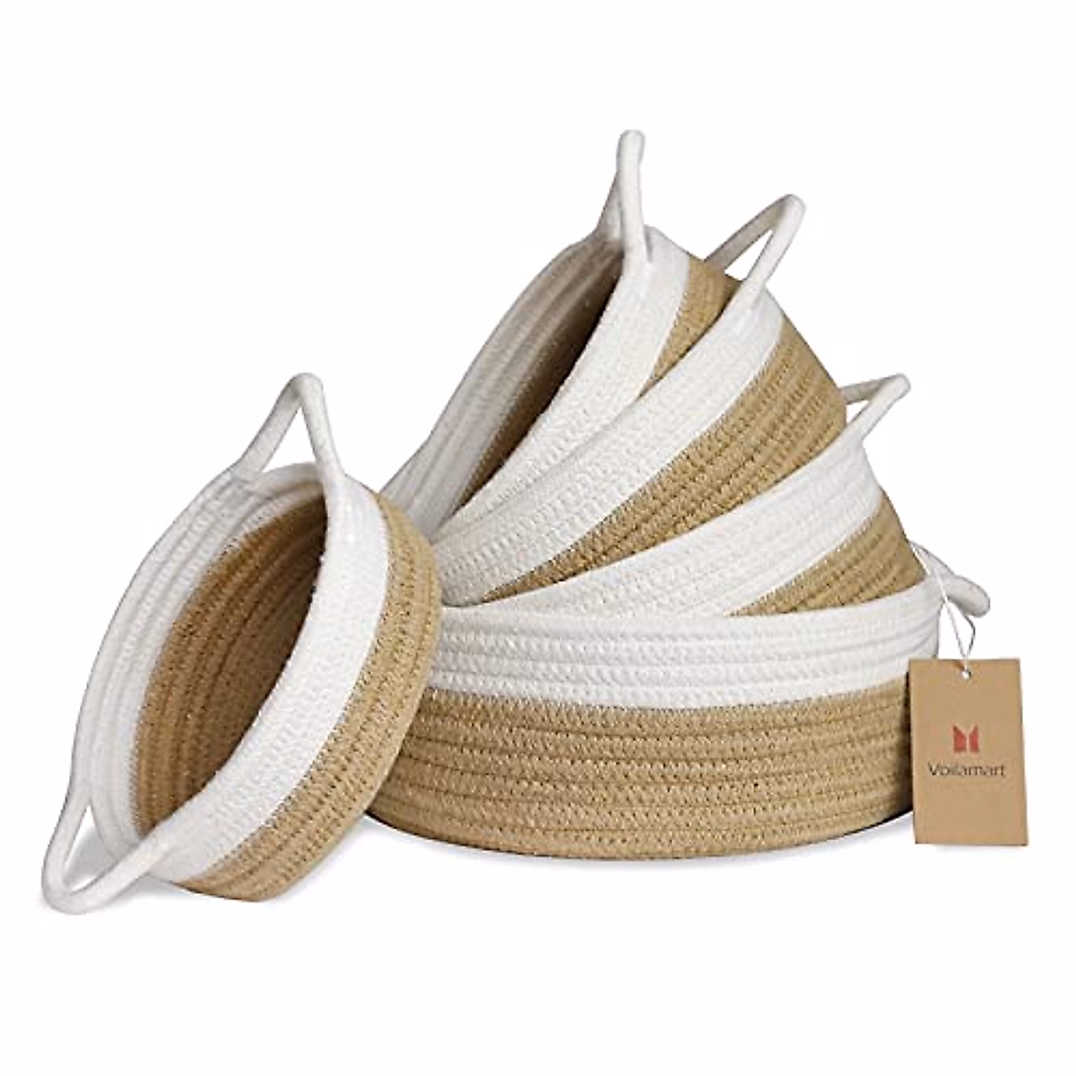 Voilamart Cotton Rope Basket Set of 5,Rope Basket with Handles,Woven Storage Basket,White and Jute Decorative Toy Baskets Set for Baby toys,Makeup