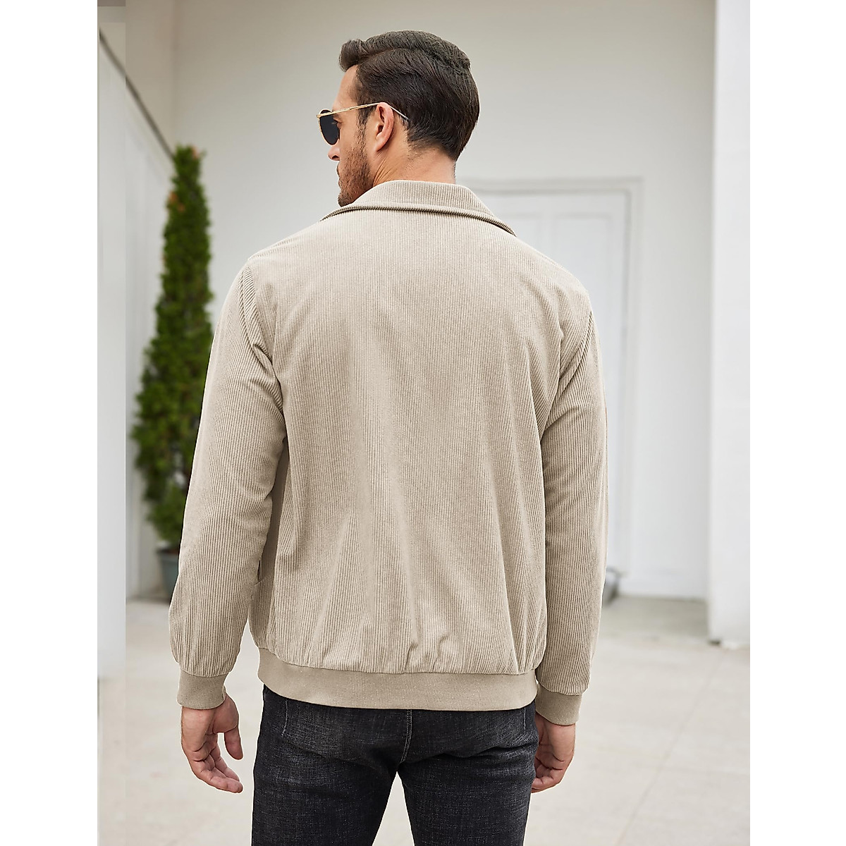 COOFANDY Men's Casual Corduroy Lightweight Jacket Cream Collared Bomber Jacket