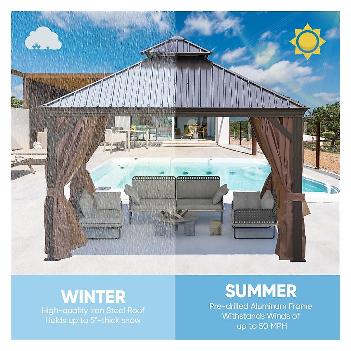 12 x 12FT Hardtop Gazebo - Outdoor Polycarbonate Double Roof Gazebo Canopy, Metal Frame Permanent Pavilion with Curtains and Netting for Garden Patio Backyard Party Deck Lawn