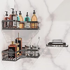 BOROY 3 Pack Corner Shower Caddy, No Drilling Strong Adhesive Shower Organizer Shelf with Hooks, Waterproof, Rustproof Wall-mounted Stainless Steel Shelves for Bathroom Organization, Black