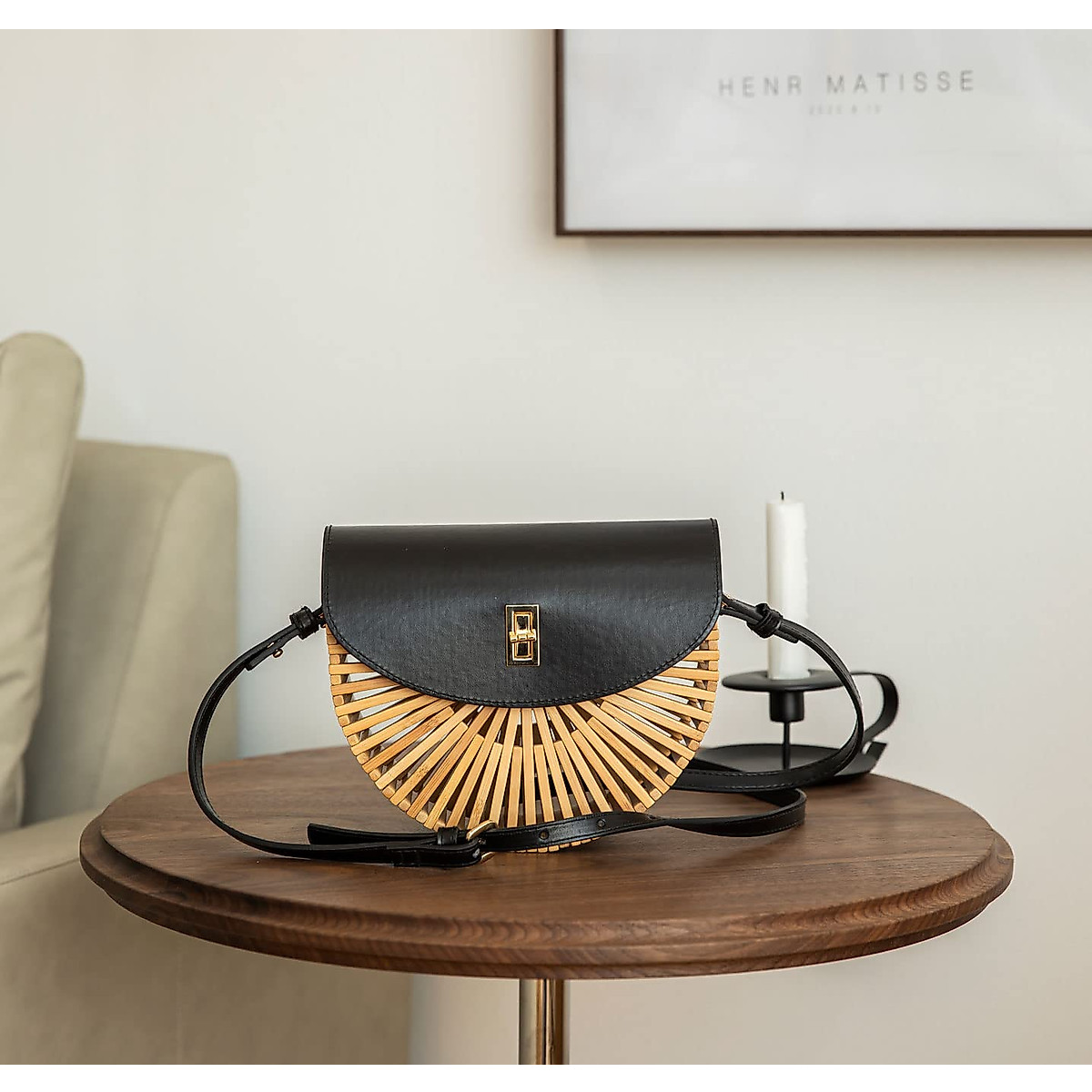 RULER TRUTH Handwoven Bamboo Bag Summer Straw Purse Crossbody Bags for Women Natural Bamboo Bag with Leather Strap, Women's Handmade Beach Purse Wicker Beach Bag Basket Purse Adjustable Strap