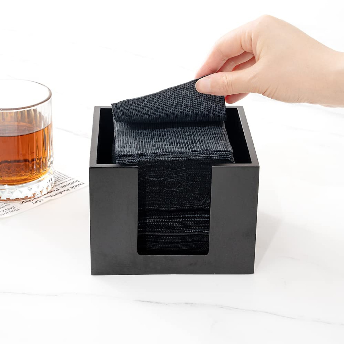 Restaurantware 5.5 x 4 Inch Cocktail Napkin Holder, 1 Square Flat Napkin Holder - For Bars, Kitchen Tables, or Countertops, Sturdy, Black Bamboo Tissue Napkin Holder, Dining Room Decor
