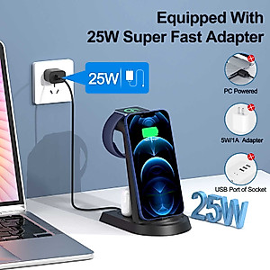 Charging Station for Multiple Devices Apple, 3 in 1 Fast Charger Stand for Apple iWatch 8 7 6 SE 5 4 3 2 iPhone 14 13 12 11 Pro X Max XS XR 8 7 Plus 6s 6 AirPods 1 2 3 Pro with 25W Adapter