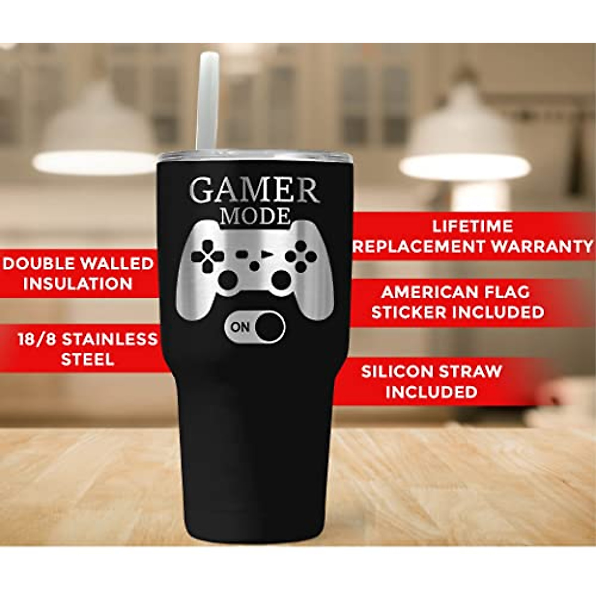 Gaming Mugs for Men - Gamer Mode ON - 30oz Stainless Steel Tumbler with Lid and Silicone Straw | Funny Gifts For Gamers Idea Gamer Cup - Video Gamer Mug Boys - Nerd Gifts