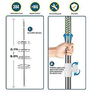 Rosefray Shower Caddy Tension Pole, 304 Stainless Steel Corner Shower Shelf with 4 Big Adjustable Baskets, 6 hooks, Adjustable Height from 3.7 to 9ft