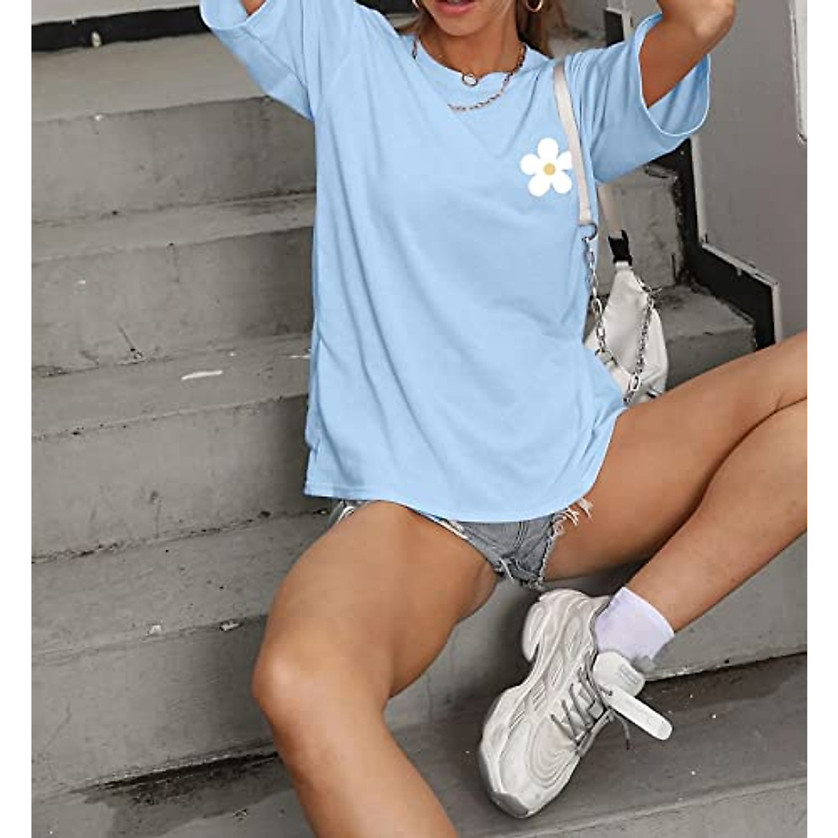 Cioatin Women’s Aesthetic Y2K Oversize Tee Shirt Top Floral Slogan Letter Graphic Drop Shoulder Short Sleeve Tshirt Sky Blue