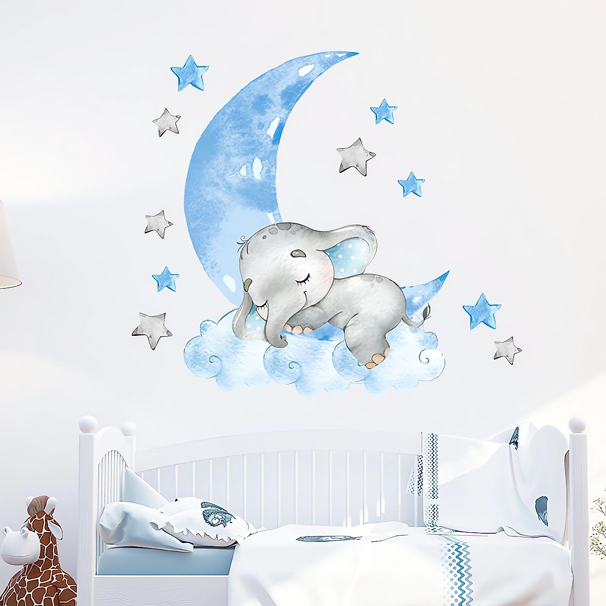 Cute Blue Sleeping Baby Elephant Wall Stickers, sacinora Moon and Stars DIY Art Wall Decals Removable Vinyl Peel and Stick for Kids Baby Boys Nursery Bedroom Toddler Room Decorations