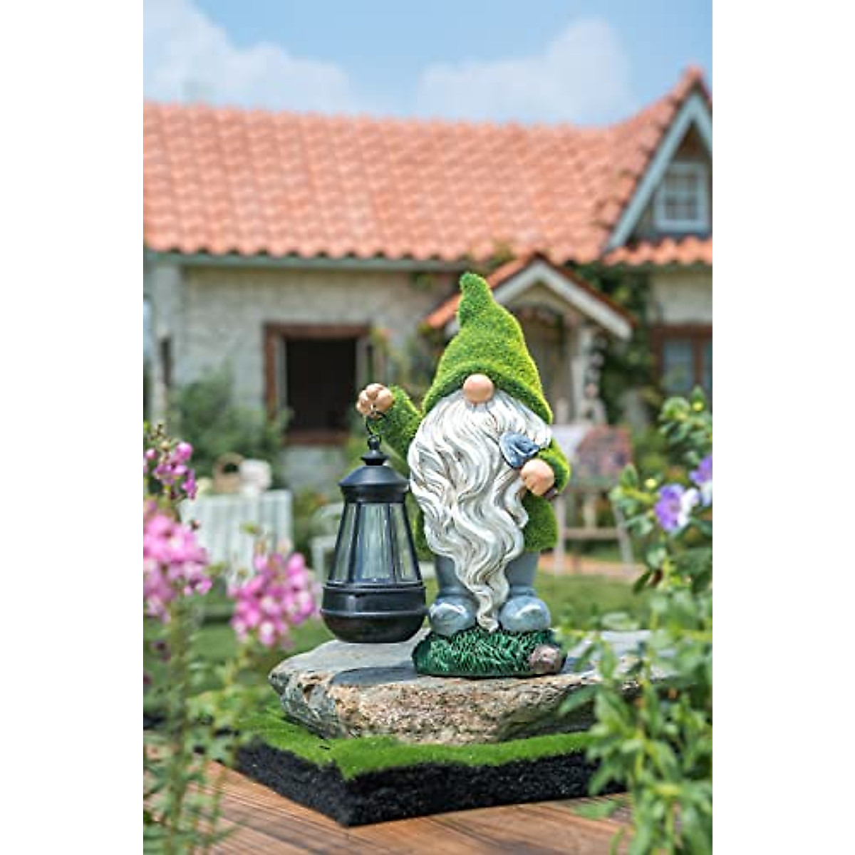 TERESA'S COLLECTIONS Garden Gnomes Decorations for Yard with Lantern Solar Light, 13" Cute Large Moss Garden Sculptures & Statues Outdoor Lawn Ornaments Garden Gifts for Mom Yard Front Porch Patio