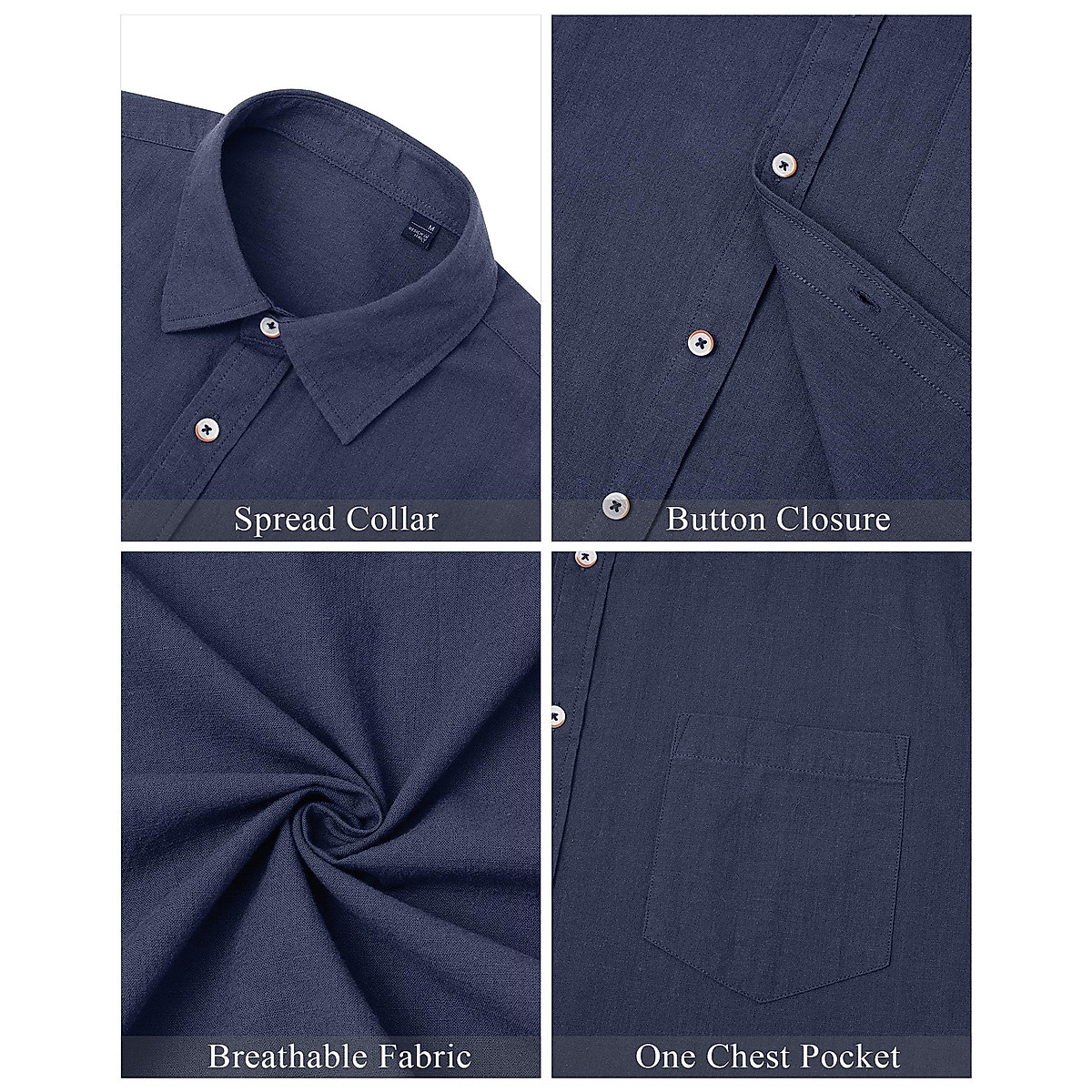 J.VER Men's Casual Button Up Linen Shirts Solid Long Sleeve Work Shirt Loose Fit Vacation Shirts with Pocket Navy Blue X-Large