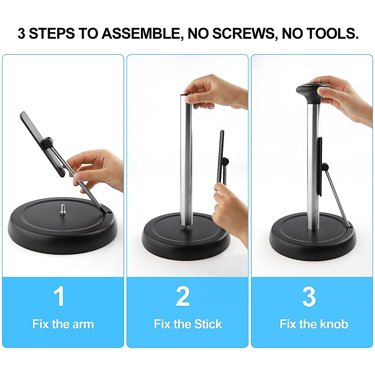 Black Paper Towel Holder Countertop,Heavier Base(2.65 LBS) Stainless Steel Kitchen Paper Towel Holder Stand,Easy One Hand Tearing Paper Towel Dispenser Fit Most Size Paper Roll,V2(Black)