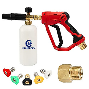 Hourleey Short Pressure Washer Gun with Foam Cannon for Car, 1/4" Quick Connector with 5 Pressure Washer Nozzle Tips, 1 Liter