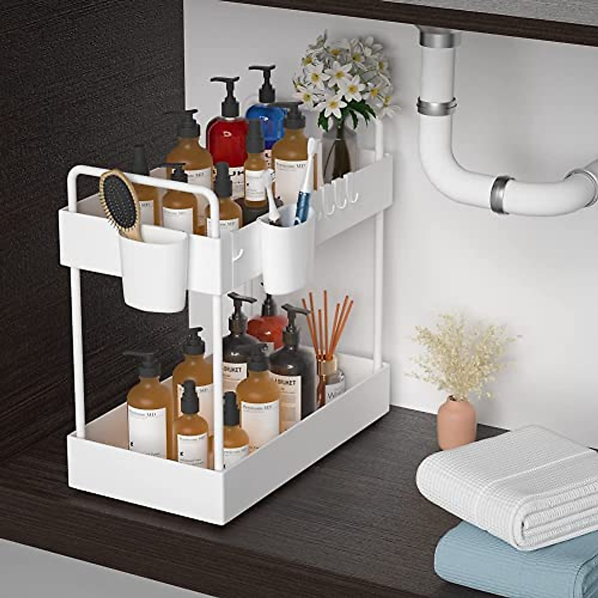 Ormeli Under Sink Organizer, 2 Tier Bathroom Sink Storage Under Cabinet Organizer Baskets Kitchen Countertop Organizer Multi-purpose Bath Collection Baskets with 6 Hooks 2 Hanging Cups (White, 2)