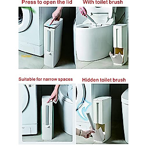 Cq acrylic Slim Plastic Trash Can with Press Top Lids for Bathroom,2.1 Gallon Garbage Can with Toilet Brush Holder,Waste Bin Between Wall & Toilet Dogproof Slim Rectangular Trash Bin for Toilet White