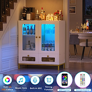 Sideboard Buffet Cabinet with Storage, Wine Bar Cabinet with Power Outlet & LED Light, Kitchen Storage Cabinet with Drawers, Liquor Coffee Bar Cupboard Buffet Table for Dining Room, White