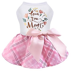 Idepet Dog Dress Love You Mom, Mother's Day Dog Dresses Puppy Skirt Pet Apparel Daisy Sleeveless Holiday Clothes for Small Dogs Girls and Cats, Pink Plaid, Medium