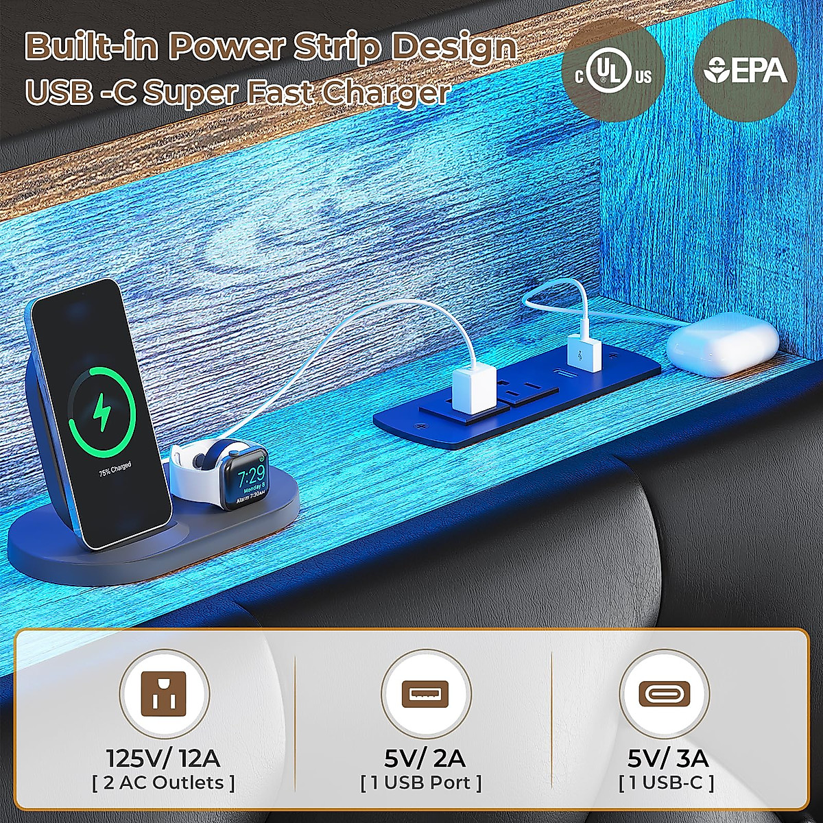 HAUOMS Queen Bed Frame with 3-Tier Headboard & Hidden Storage, Upholstered LED Bed Frame with 4 Drawers and Charging Station,Platform Metal Bed Frame with Storage, No Box Spring Needed, PU Black