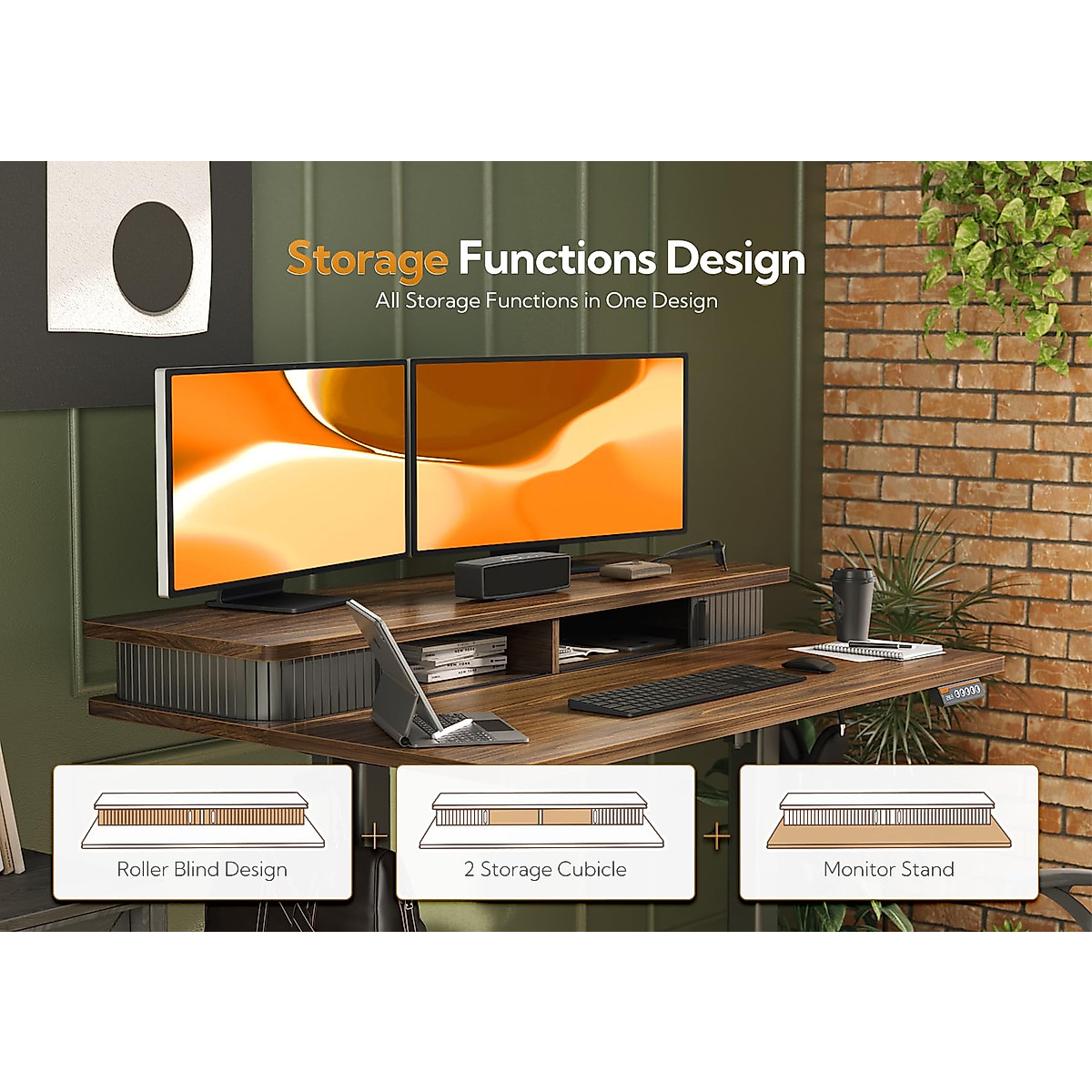 Claiks Standing Desk with Tambour, Electric Standing Desk Adjustable Height, Adjustable Standing Desk with Storage Shelves, 48 Inch Walnut