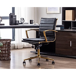 EALSON Modern Leather Desk Chair Ergonomic Office Chair with Wheels and Arms Gold Base Comfortable Computer Task Chair Adjustable Swivel Executive Chair for Home Office, Black