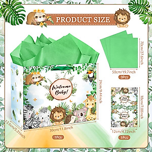 Baby Jungle Animals Gift Bag Green Welcome Baby Gift Bag Safari Baby Shower Wild Animal Paper Bags Newborn Birthday Wrapping Bag with Tissue Paper and Greeting Card for New Parents Gender Reveal Party