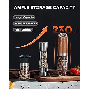 FORLIM Upgraded 9 Oz Capacity Gravity Electric Salt and Pepper Grinder Set, Battery Powered One Hand Operation Refillable Automatic Pepper Grinder Adjustable Coarseness(Wood grain)