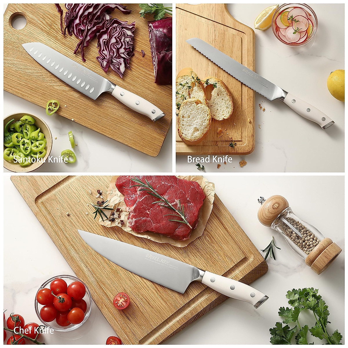 grilljoy 17PCS Premium Knife Set With In-drawer Knife Block, High Carbon Stainless Steel Cutlery Knife Block Set, Versatile Chef Knife Set for Daily Kitchen Use, White