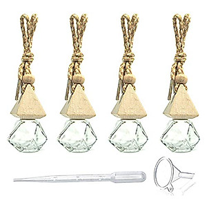 4 Pack,6ml(1/5 Fl Oz) Refillable Car Essential Oil Diffuser,Empty Car Air Freshener Pendant Perfume Aromatherapy Vials-Clear Glass Bottle With Wooden Caps & Hanging String-FREE 1 Funnel&Dropper