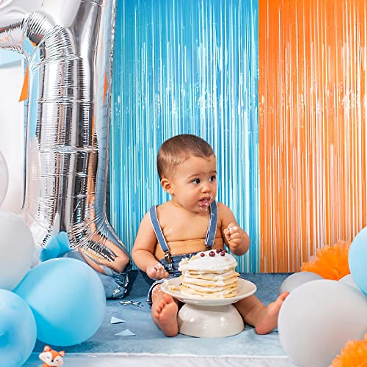 Blue and Orange Party Decoration 63 Pcs Orange and Blue Balloons Garland 2 Pcs Orange Light Blue Foil Fringe Curtain Confetti Balloons for Birthday Party Baby Shower Wedding Anniversary Graduation