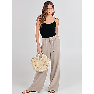 ANRABESS Women's Linen Summer Palazzo Pants Elastic Waist Casual Beach Trendy Wide Leg Trousers with Pockets Large Light Khaki