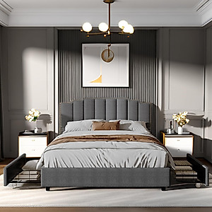 MegaChunk Queen Size Upholstered Linen Platform Bed Frame with 2 Under-Bed Drawers, Padded Headboard with Rivets Design, Strong Bed Slats System, No Box Spring Needed, Grey