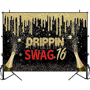 Sensfun Drippin Swag 16 Birthday Backdrop Boys Black Gold Hip Hop Happy 16th Birthday Party Decorations Photography Background Teenager Boy 16 Years Old Birthday Banner Supplies 7x5ft