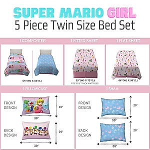 Franco Super Mario Girl Princess Peach Girl Gamer Kids Bedding Super Soft Comforter and Sheet Set with Sham, 5 Piece Twin Size, (Official Licensed Product)