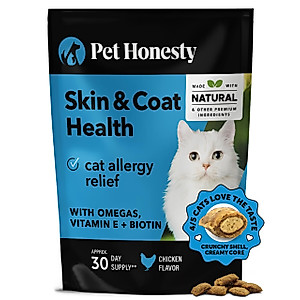 Pet Honesty Cat Skin & Coat Health Chews - Omegas, Vitamin C + E, Biotin Supplement, Soothes Skin and Promotes Shiny Coat, Cat Supplements & Vitamins - Chicken (30-Day Supply)