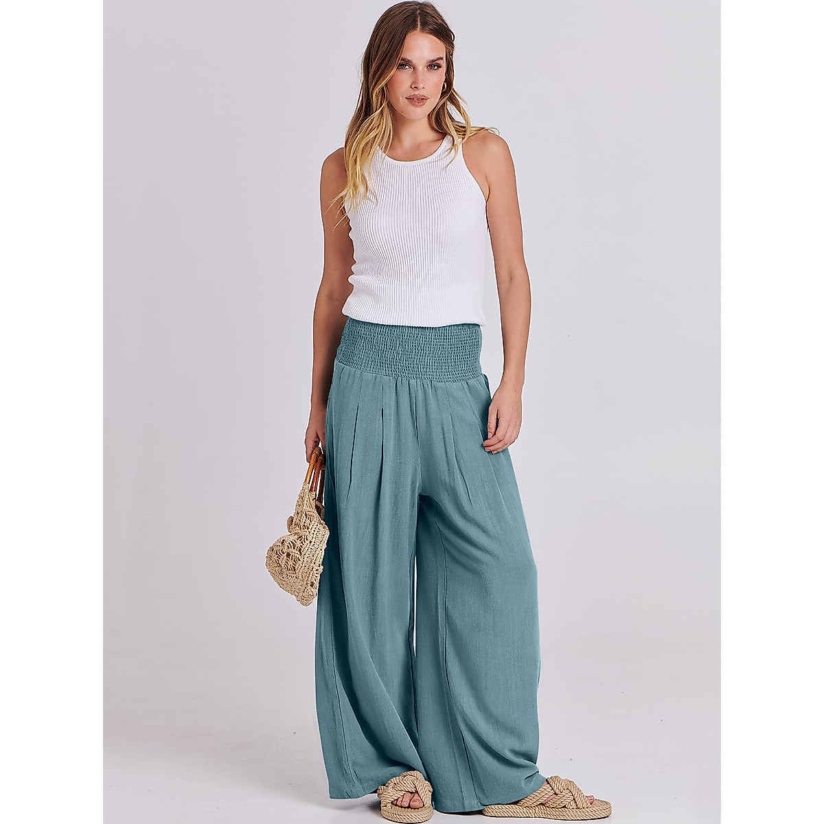 ANRABESS Women Linen Palazzo Pants Summer Boho Wide Leg High Waist Casual Lounge Pant 2025 Beach Travel Vacation Outfits Lake Small