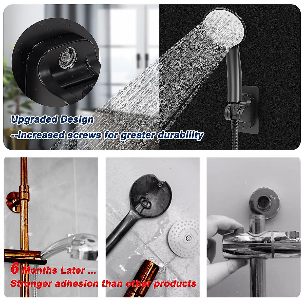 NearMoon Self Adhesive Shower Head Holder-Adjustable Handheld Shower Holder NO Drilling Wall Mount Waterproof (1 Pack, Matte Black)