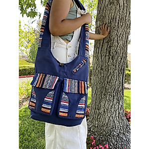 Navy Blue Cross Body Shoulder Bag with Woven Tribal Accent Design Large
