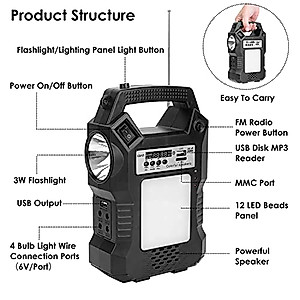 Portable Power Station,Solar Power Bank Generator,Laptop Charger with LED Light(Solar Panel Included) 4500mAh Battery 3 LED Bulbs Fm Radio,for Outdoors Indoor Camping Travel Fishing Emergency Backup