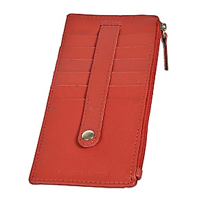 Leatherboss Genuine Leather Women's All in One Credit Business Card Case Holder Slim Zipper Wallet With a Card Protection Strap, Red