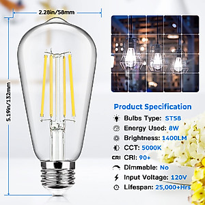 4-Pack Vintage E26 LED Edison Bulbs 100W Equivalent 1400LM High Brightness 8W ST58 LED Filament Light Bulbs 5000K Daylight White Medium Base CRI90+ Antique Clear Glass for Home Kitchen, Non-dimmable