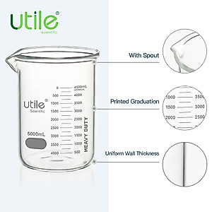 Utile 169.1oz(5000ml) Low Form Glass Beakers, Borosilicate 3.3 Glass with Printed Graduation, 4000.5000.1