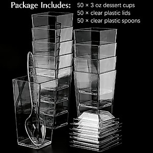 Qeirudu 50 Pack 3 oz Mini Square Dessert Cups with Lids and Spoons Clear Plastic Parfait Cups Mini Appetizer Shot Glasses for Individual Mousse Trifle Fruit Pudding