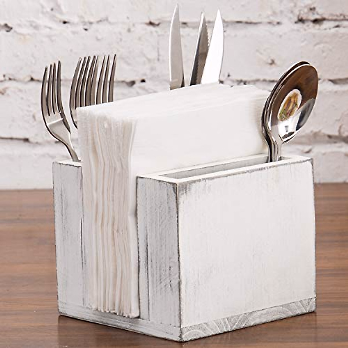 MyGift Vintage White Solid Wood Napkin Holder and Utensil Holder with 3 Compartments, Buffet Napkin and Flatware Holder Caddy