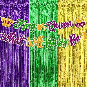 Mardi Gras Gender Reveal Decorations King Or Queen What Will Baby Be Banner Foil Curtains Backdrop Carnival Fleur De Lis Shrove Fat Tuesday New Orleans Masquerade Theme Baby Shower Party Supplies