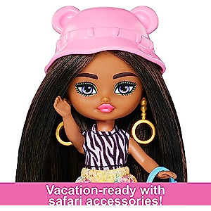 Barbie Extra Mini Minis Travel Doll with Safari Fashion, Animal Print Outfit and Styling Accessories, Barbie Extra Fly Small Doll
