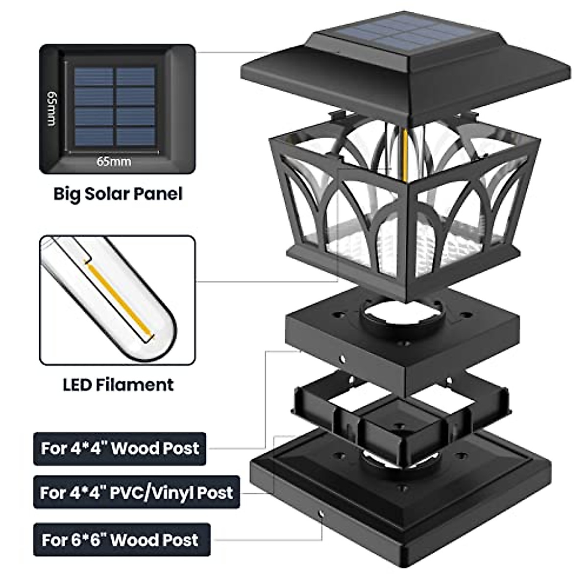 APONUO Solar Post Cap Lights Filament 1000mAh,4x4 Post Solar Lights 2 Brightness Levels 8/16LM Waterproof Solar Fence Post Lights for 4x4,6x6 Posts Caps Wood,4x4 Vinly Post Caps,Black,4 Pack