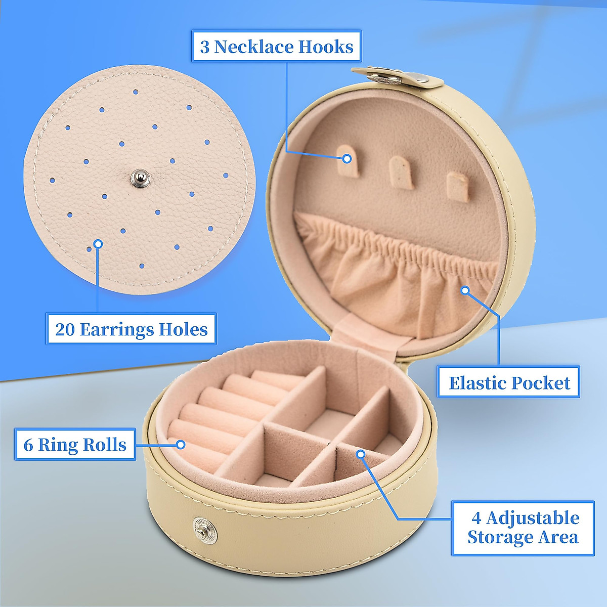 FYTSDIK Jewelry Holder Organizer, Travel Jewelry Case, Small Jewelry Box Travel Essentials Accessories for Women, Ring Necklace Earring Bracelet Box, Mini Gifts for Women Mom Grandma(PU-Beige) 1 Pack