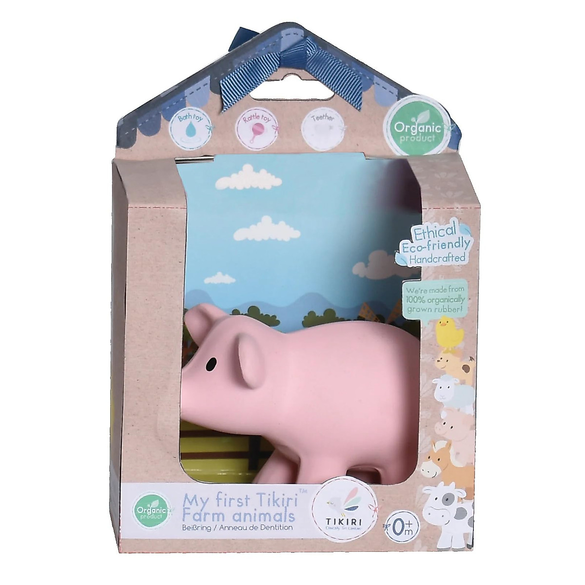 Tikiri My First Farm Animal Pig Natural Rubber Rattle (Pink)