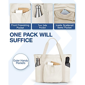 BAGSMART Women Foldable Tote Bag with Drawstring Storage Bag, Large Tote Bag Shoulder Bag Top Handle Handbag for Travel, Work, Beach, Gym, Shop, (Beige)