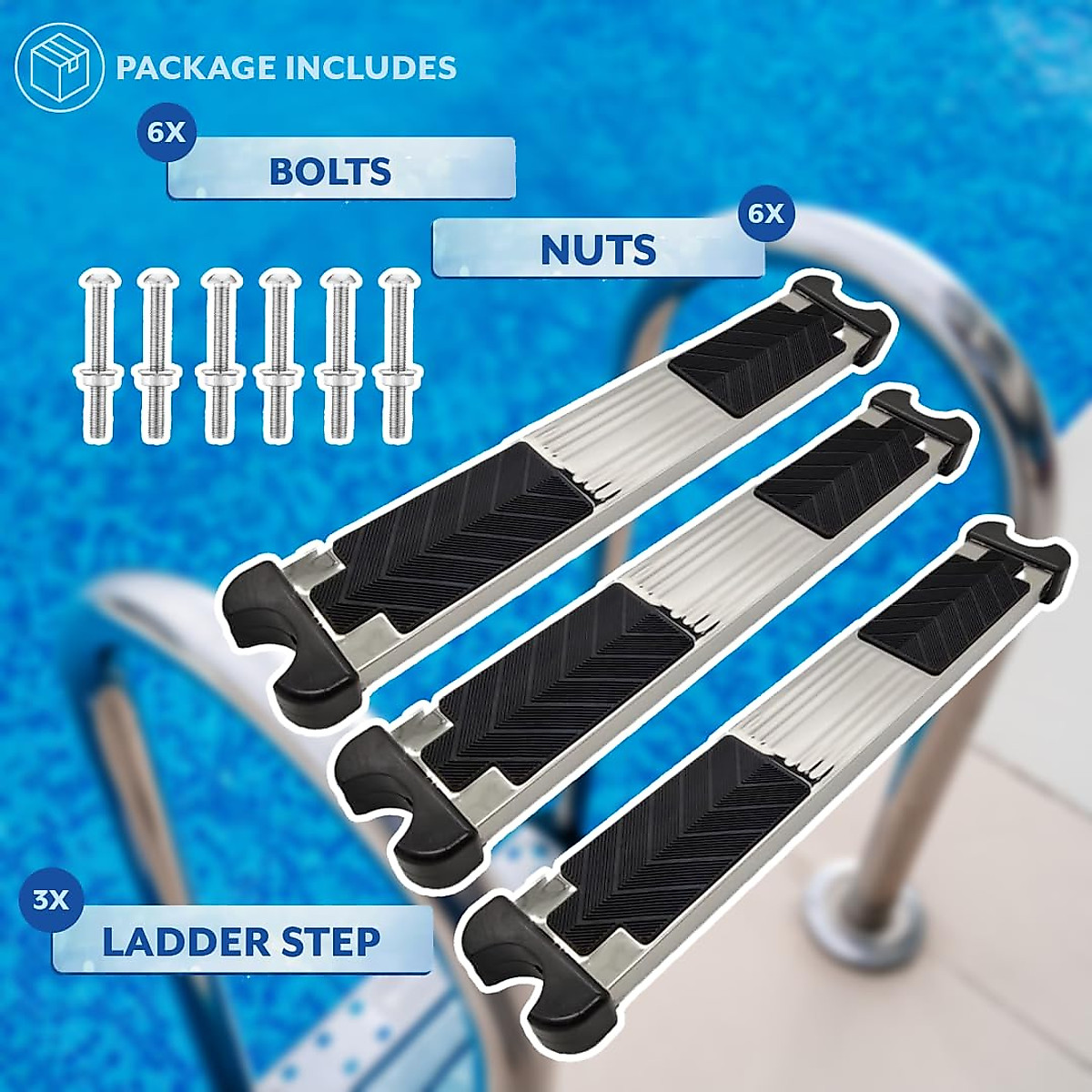 Poolzilla 3 Pack Pool Ladder Replacement Step, Stainless Steel Treaded Design, 18.35" x 1.7"